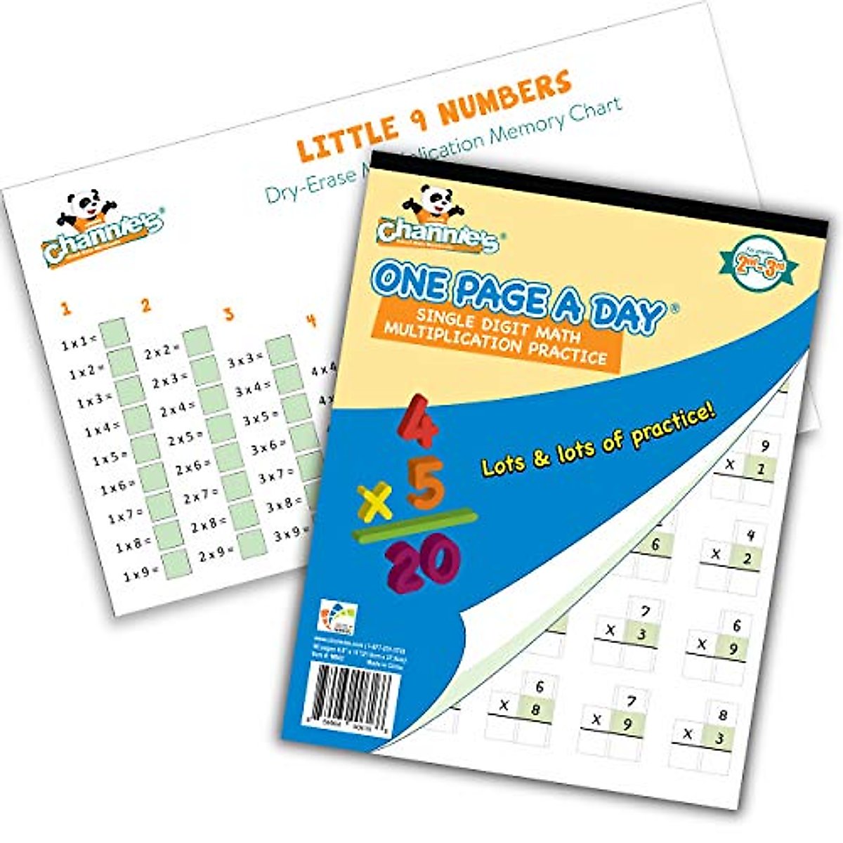 Channie’s Math Practice Combo Pack for Elementary School Students, One Page a Day Workbook and Little 9 Little Numbers Reusable Dry Erase Poster for Practicing Single Digit Multiplication Problems