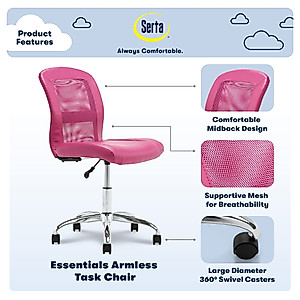 Serta Essential Armless Desk Chair Small TaskChair with Wheels, Breathable Mesh Back, SertaQuality Foam Cushion Seat for Comfort, Functional, Lightweight and Versatile, Task, Pink