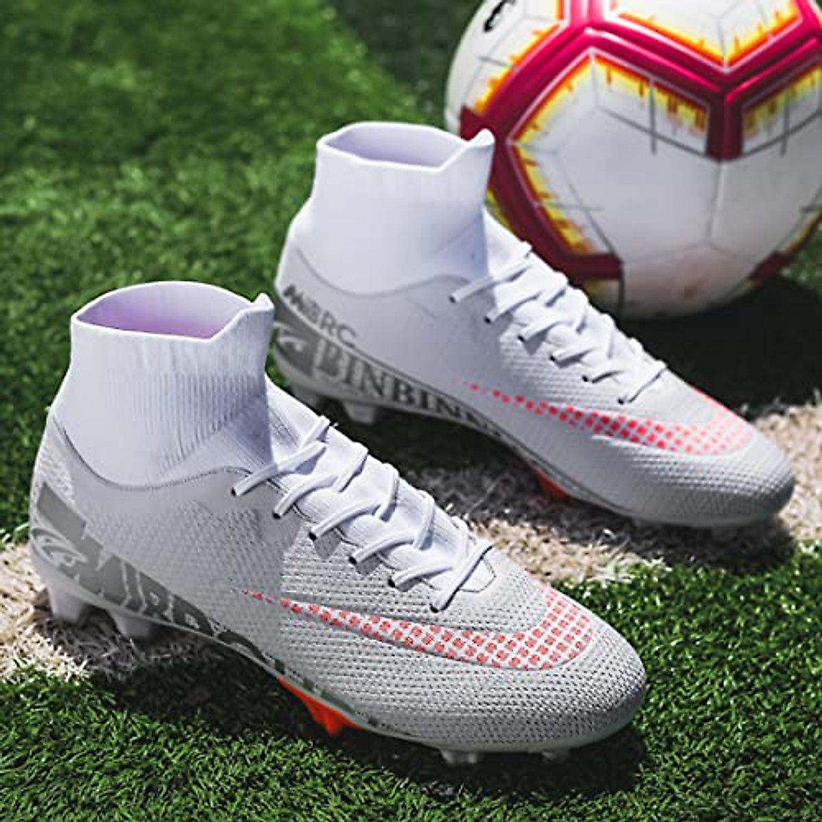 FGCVX Men's Soccer Cleats Athletic Soccer Boots Sneaker Turf Football Shoes Firm Ground White