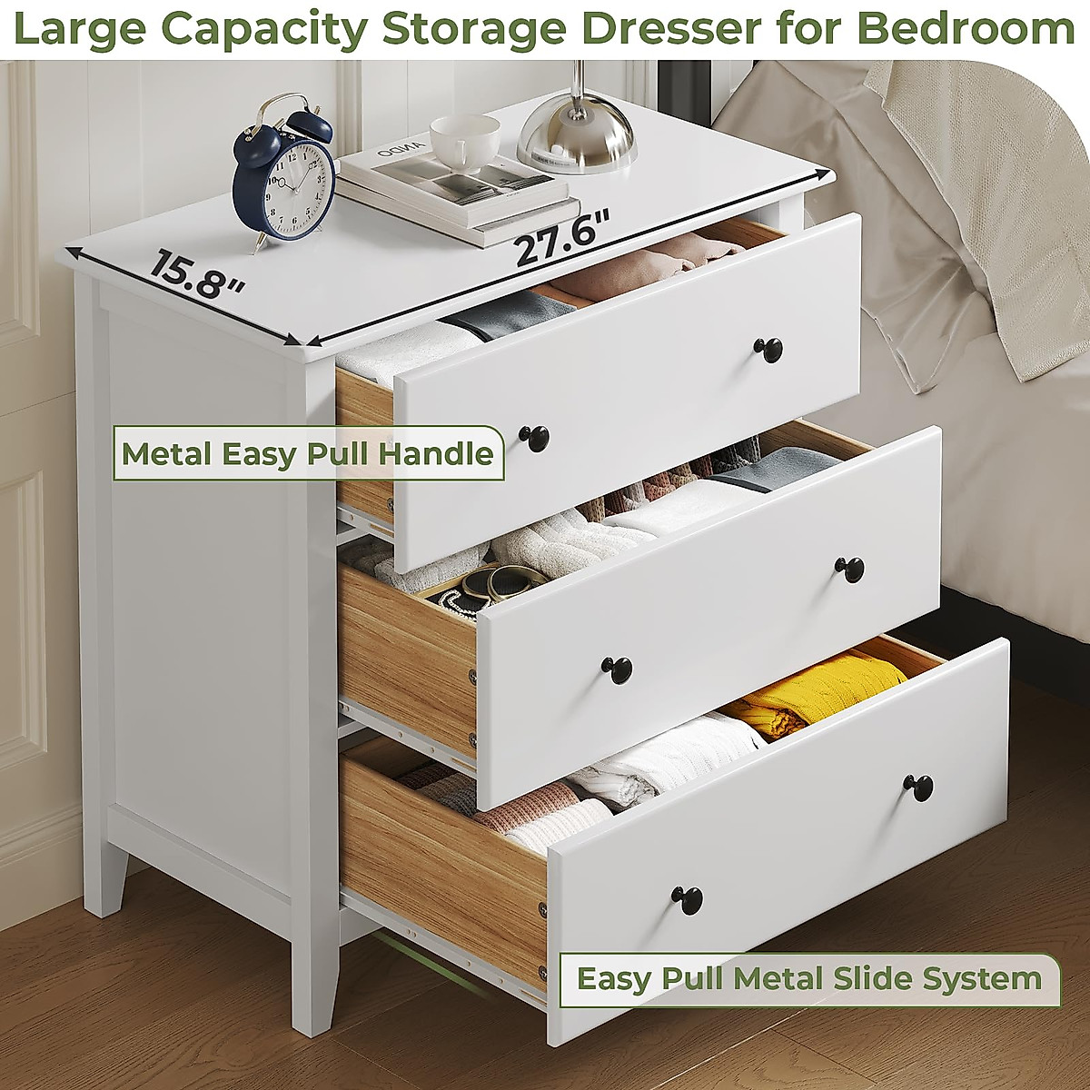Hasuit White Dresser for Bedroom, 27.5''W Dresser with 3 Drawers, Modern Chest of Drawers, Large Capacity Solid Wood Dresser, Storage Cabinet for Bedroom, Hallway (Modern White)