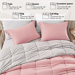 Homelike Moment Comforter Set, Queen Size Pink and Grey Bed Comforters, All Season Lightweight Full Bedding, Reversible Duvet Insert 3 Pieces - 1 Comforter 2 Pillow Shams, Summer Blanket