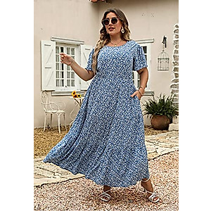Nemidor Womens Plus Size Boho Ditsy Floral Print Casual Layered Flared Maxi Dress with Pocket NEM304(22,Blue White)