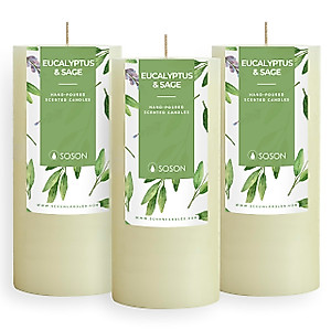 Simply Soson 3x6 inch Ivory Rustic Eucalyptus and Sage Pillar Scented Candle - 3 Pack - for Home Decor, Aromatherapy, Weddings, Restaurants, Spa, Church
