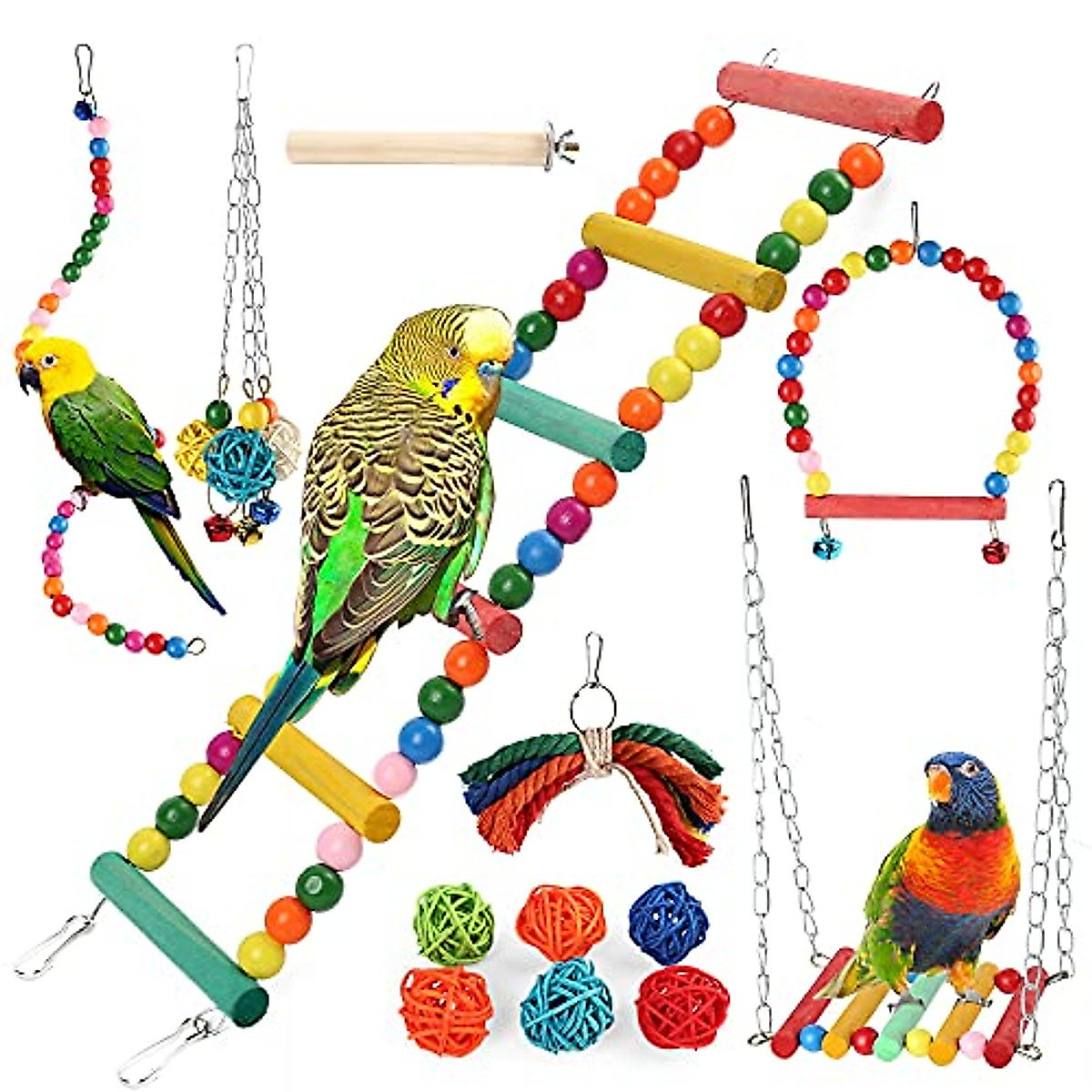 PrimePets Bird Parakeet Toys, Bird Cage Swing Toys, 13 Pack, Colorful Hanging Bell Hammock Climbing Ladder Toys for Cockatiel, Conure, Finches, Mynah, Love Birds