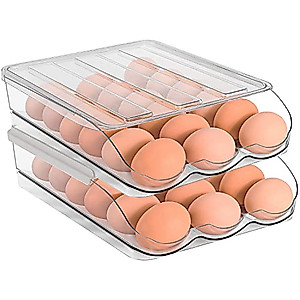 Sooyee 2 Layer Rolling Egg Holder Egg Storage Container for Refrigerator,Ramp Type Auto Roll Egg Organizer for Refrigerator,Large Egg Container Bin,Clear