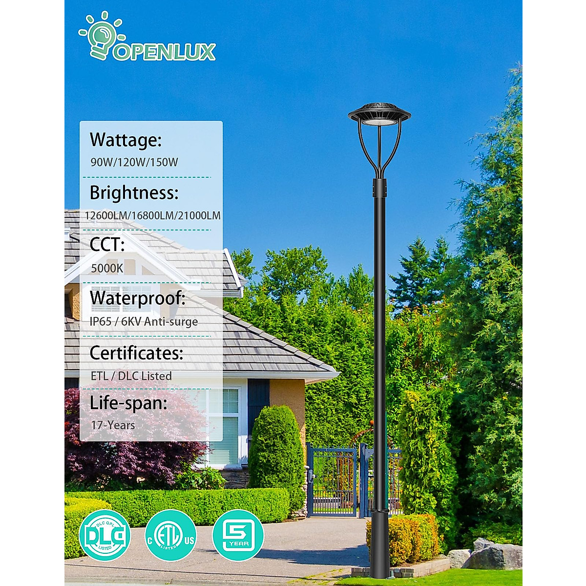 OPENLUX LED Post Top Light ETL DLC Listed 150W 120W 90W Adjustable Outdoor Pole Lights with Photocell IP65 Waterproof Post LED Fixture 5000K for Garden Yard Street Lighting