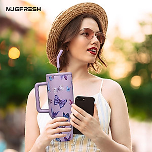 Butterfly Tumbler, Butterfly Gifts for Women 40 oz Butterfly Tumbler with Handle and Straw Cup Holder Friendly Insulated Travel Mug Stainless Steel Water Bottle