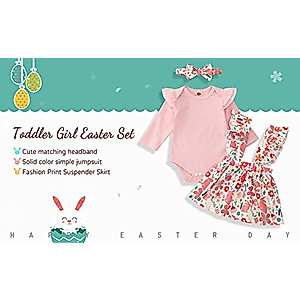 TUEMOS Baby Girl First Easter Outfits Long Sleeve Romper Bunny Suspender Skirt Easter Newborn Clothes Set Flower Pink 3-6 Months