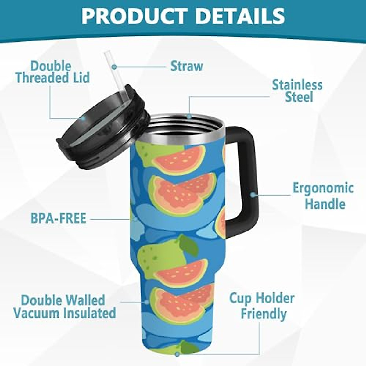 Exnundod Cartoon Guava Pattern Tumbler with Handle 30oz and Straw Insulated Tumblers Leak-proof Water Bottle for Car Travel
