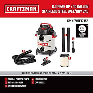 Craftsman CMXEVBE17155 10 Gallon 6.0 Peak HP Stainless Steel Wet/Dry Vac, Portable Shop Vacuum with Attachments