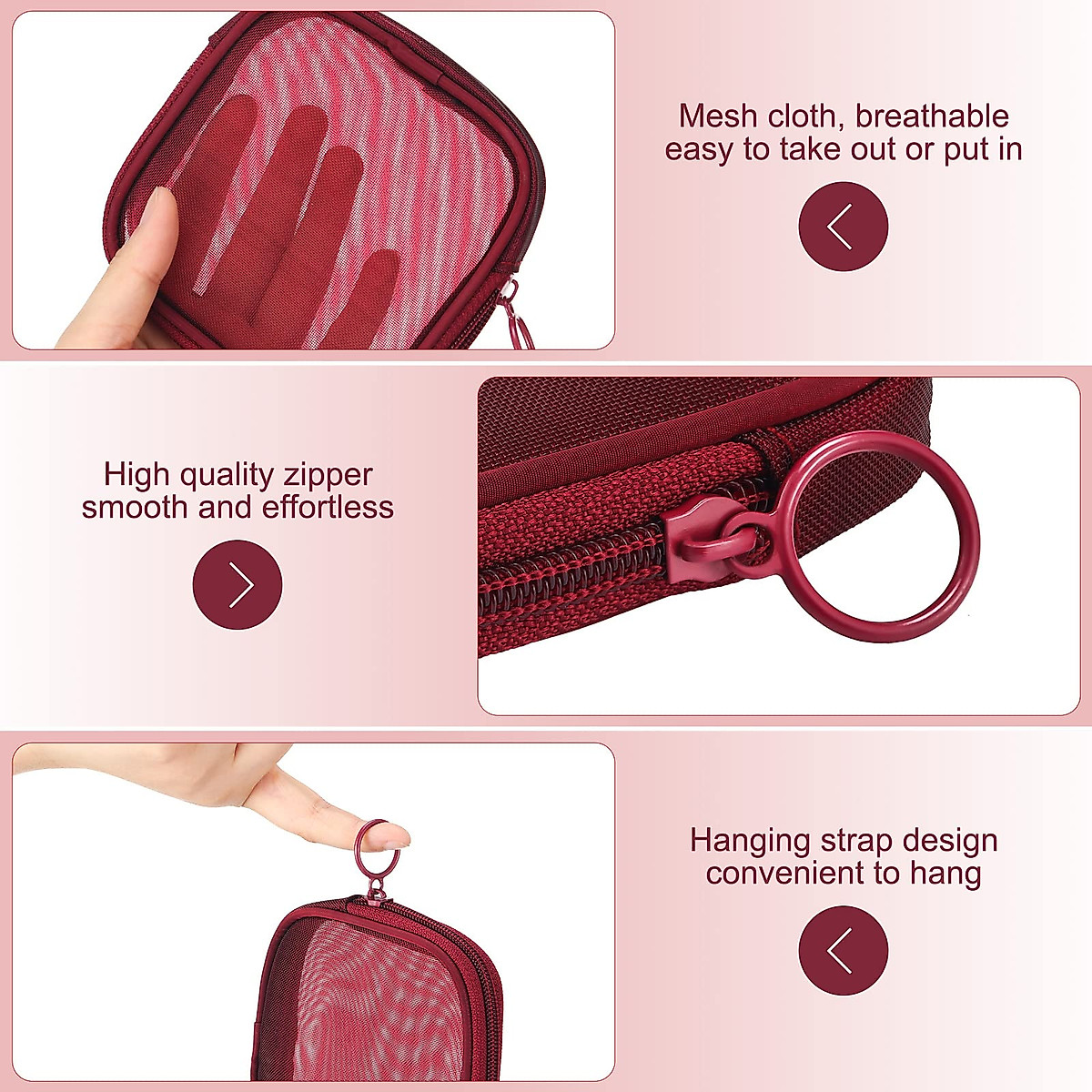 Weewooday 4 Pcs Mesh Makeup Bag Mesh Cosmetic Bag Travel Toiletry Pouch with Zipper Mini Makeup Cosmetic Purse for Daily Accessory (Pink,Small)(Small,Wine Red)