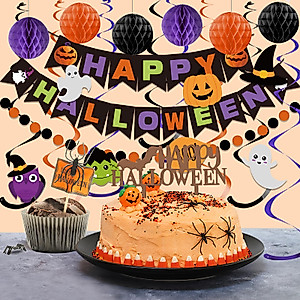 meowtastic Happy Halloween Banner Decorations - Halloween Banner with Honeycomb Ball, Halloween Hanging Swirl Streamer, Circle Dot Garland Decorations for Halloween theme Party Decorations
