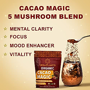 Cacao Magic | Superfood 5 Mushroom Blend for Focus, Mental Clarity & Energy | Lions Mane, Reishi, Chaga, Cordyceps, Turkey Tail | Smoothie, Hot Chocolate, Coffee Alternative (50 Servings)