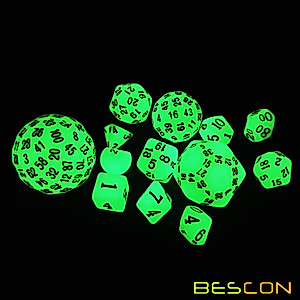 Bescon Super Glowing in Dark Complete Polyhedral RPG Dice Set 13pcs D3-D100