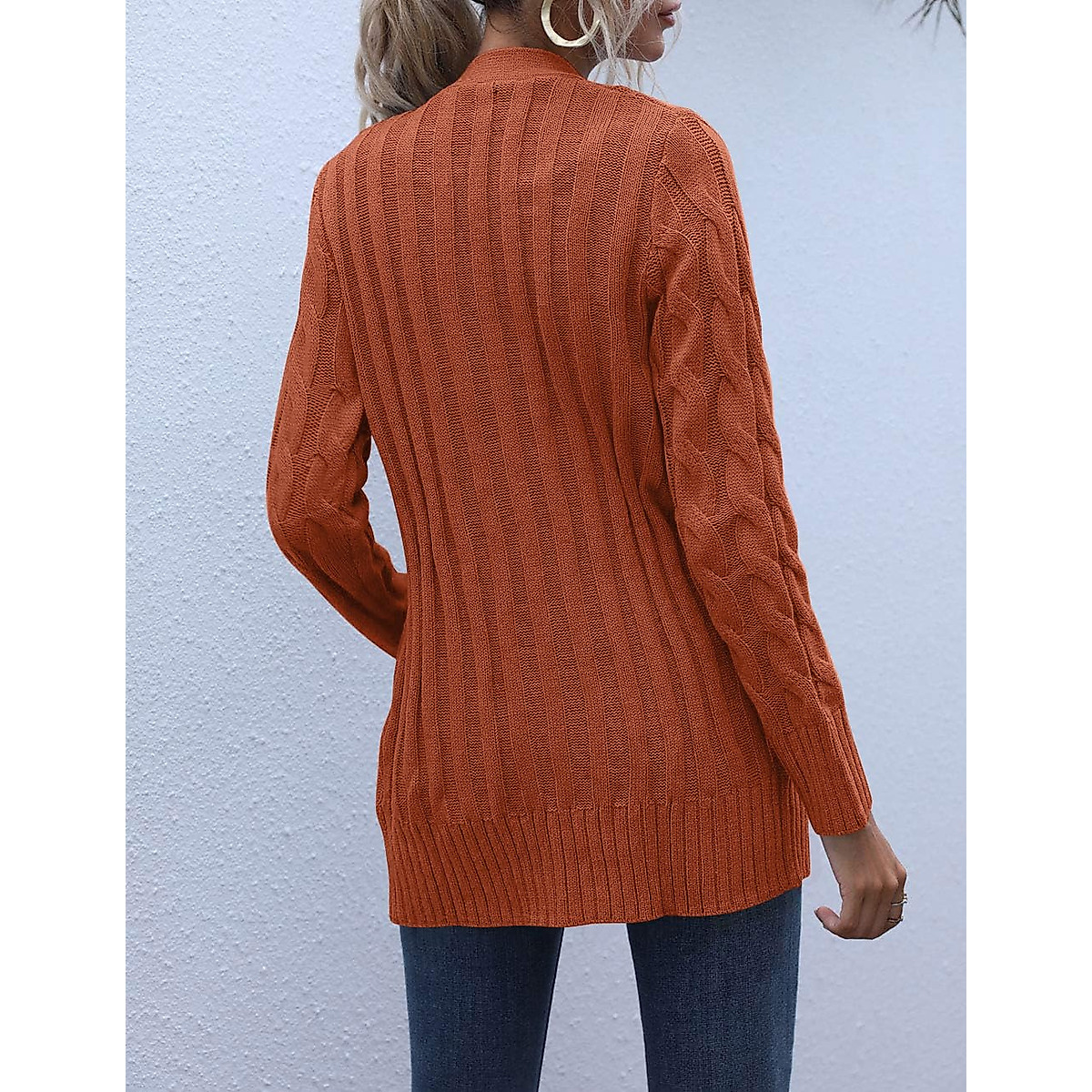 MEROKEETY Women's 2025 Fall Long Sleeve Cable Knit Sweater Open Front Cardigan Button Loose Outerwear Rust