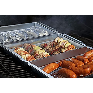 Yukon Glory BBQ 'N SERVE Grill Basket Set - Includes 3 Grilling Baskets a Serving Tray & Clip-on Handle - Patent Grill to Table Design Perfect For Grilling Fish Veggies & Meats