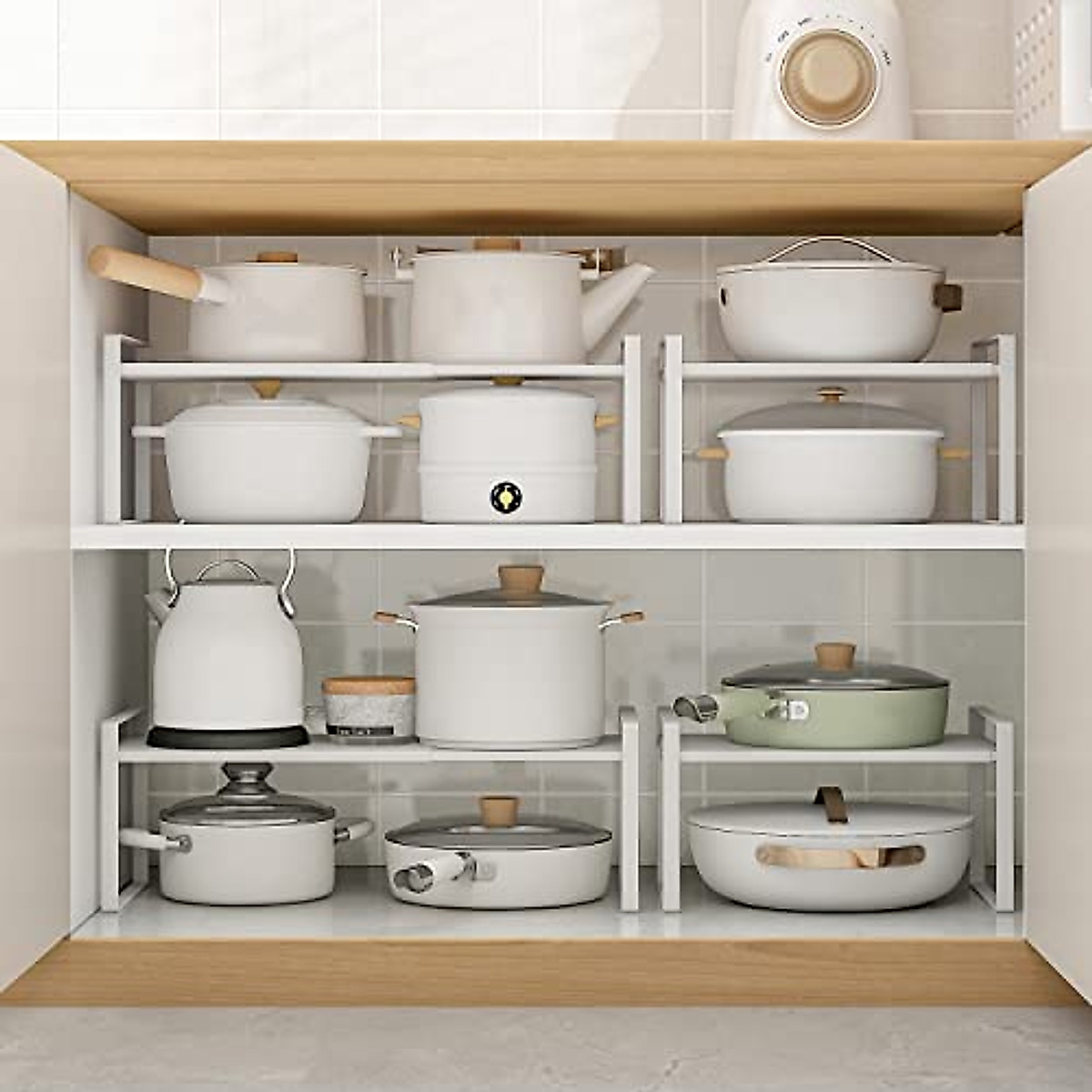 ZEKBEAN 2 Tier Expandable Cabinet Shelf Organizer Over the Sink Storage Rack Adjustable Countertop for Kitchen Bathroom Pantry Spice Cupboard Dish Cup Bottle Pot Metal Plate Heavy Duty Nonslip(White)