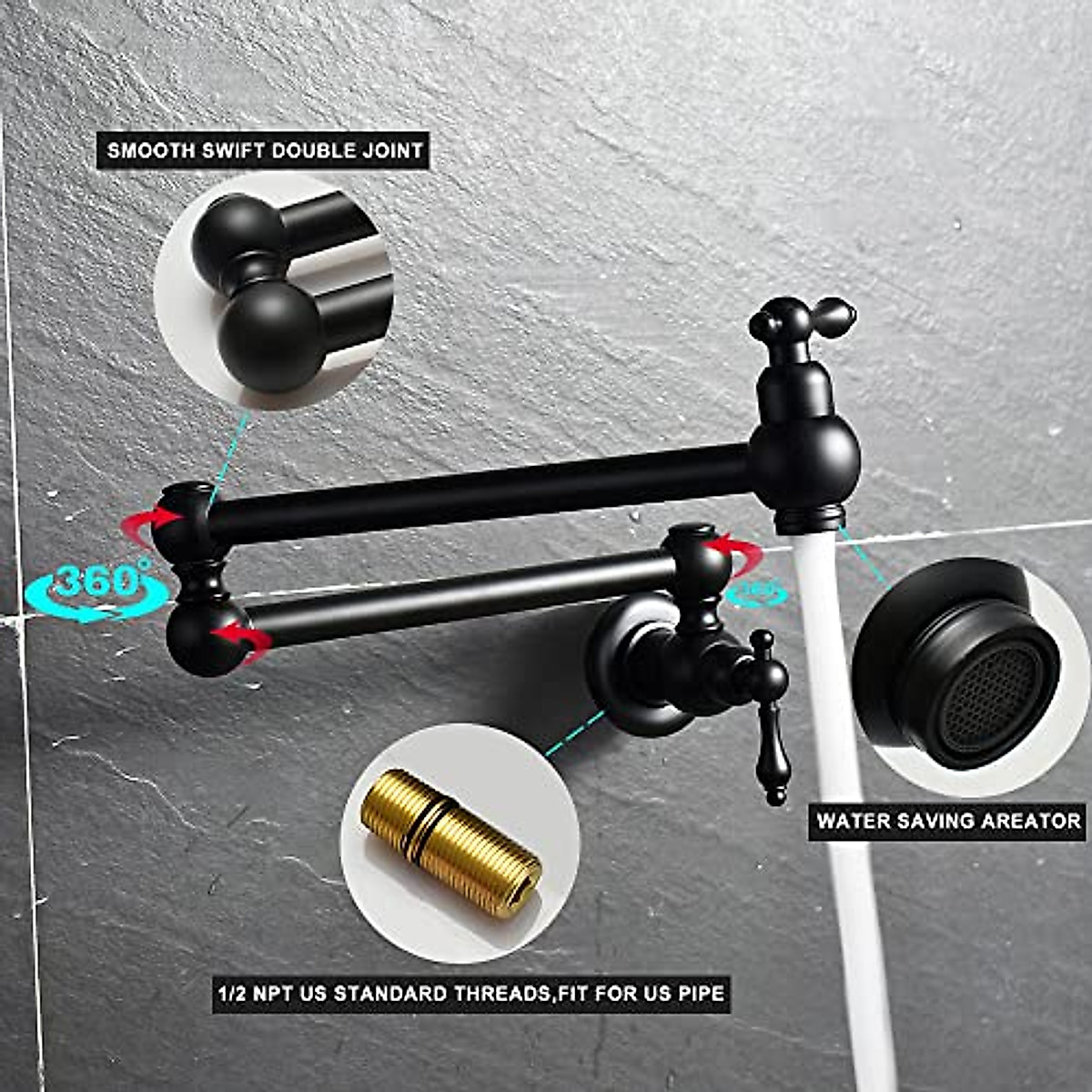 AYIVG Brass Single Hole Two Handle Pot Filler Folding Faucet (Black)