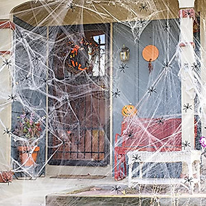 1000 sqft Spider Webs Halloween Decorations with 77 Fake Spiders, Super Stretch Cobwebs for Halloween Indoor and Outdoor Decor