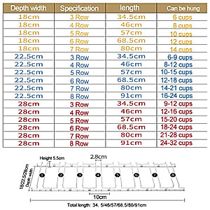V3VOGUE Steel Under Cabinet Wine Glass Holder Rack, Stemware Holder, 3/4/5/6/7/8 Row Glasses Storage Hanger, Hanging Champagne Goblets Holders, with Screws (Row : 6Row, Size : Width: 28cm)