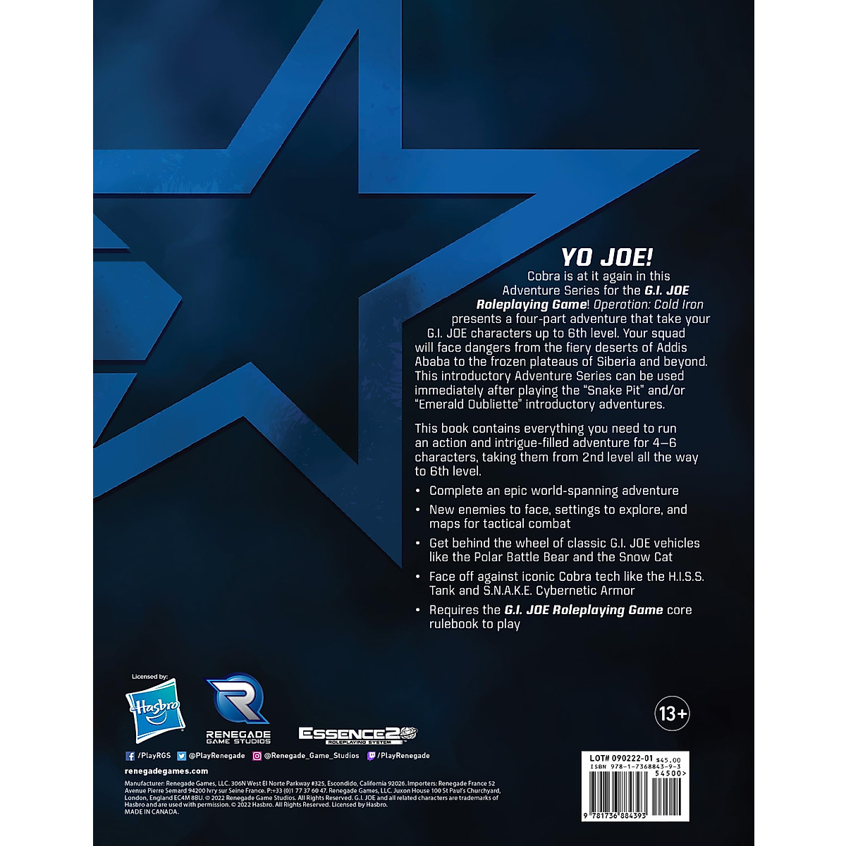 Renegade Games Studios GI Joe RPG Operation Cold Iron ADV Book HC