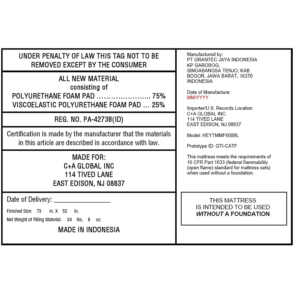 Heyward Luxury 6” Memory Foam Trifold Mattress | Full Size, Portable Space Saver, Firm, CertiPUR-US Certified | Washable Jacquard Ventilated Material w/Non-Slip Base | 73”L x 52”W x 6”H