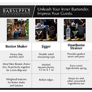 Professional Boston Cocktail Shaker Set | 4-Piece Bar Set | Stainless Steel 304 | 28oz/18oz Weighted Shaker Tins | Hawthorne Strainer | Double Sided Jigger | Recipe Booklet | Bartender Kit (Silver)
