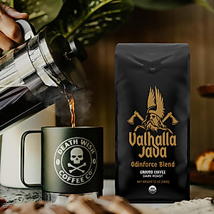 Death Wish Coffee Valhalla Java Dark Roast Grounds, 12 Oz, Extra Kick of Caffeine, Bold & Intense Blend of Arabica Robusta Beans, USDA Organic Ground Coffee, Powerful Coffee for Morning Boost