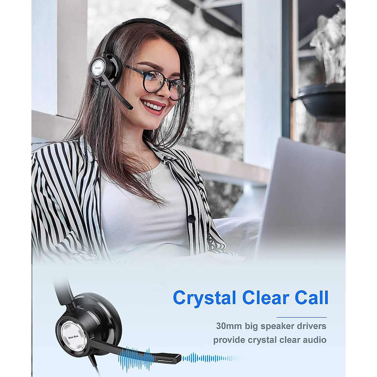 New bee USB Headset with Microphone for PC Computer Headset, Single Ear Headset Noise Cancelling Mic, Call Center Wired Headset with 3.5mm/USB/Type C for Skype Zoom Tablet Laptop (Black)