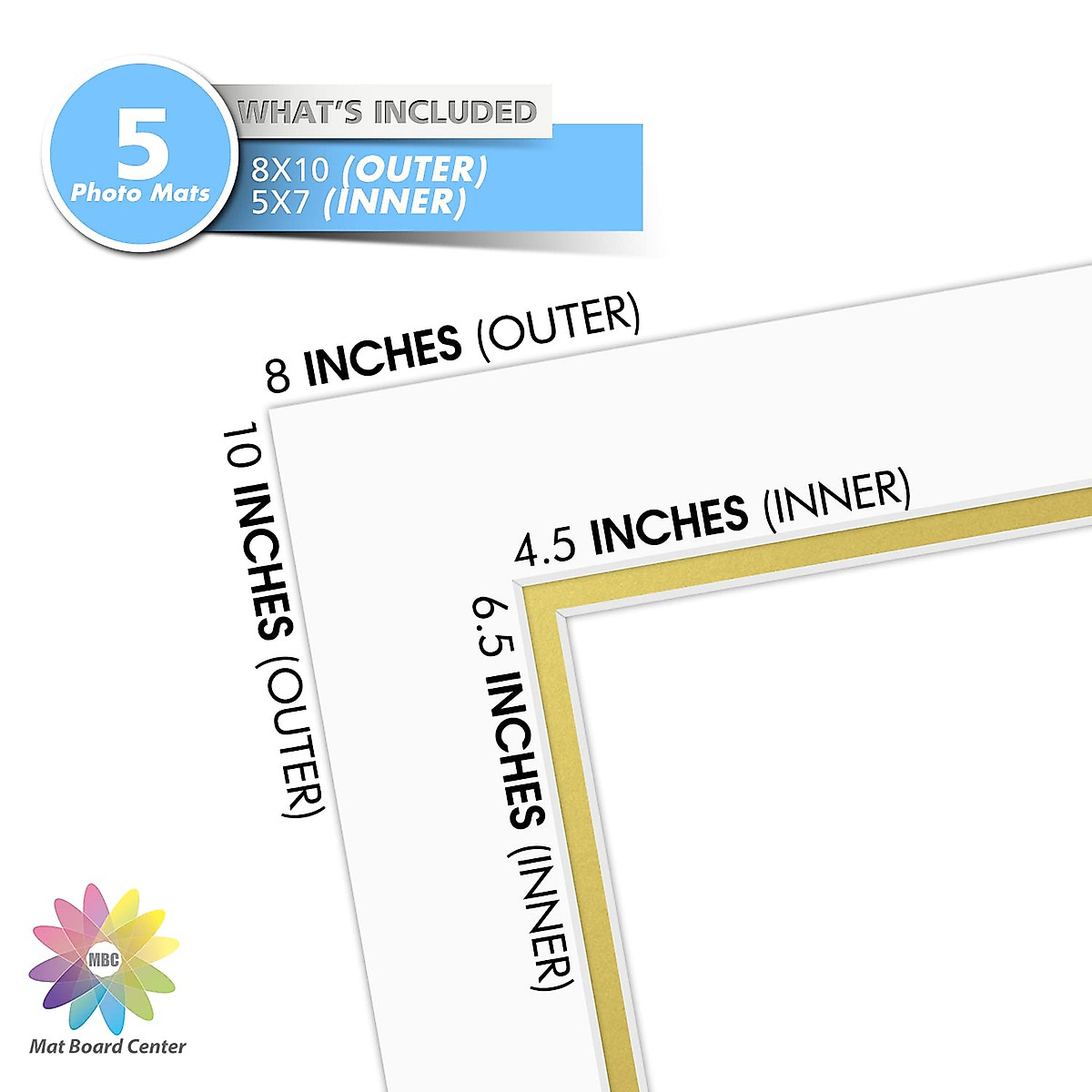 Mat Board Center, Double Mat - Acid Free, 8-ply Thickness, White Core - for Pictures, Photos, Framing (Off White Over Gold, 8x10 for 5x7, Pack of 5)