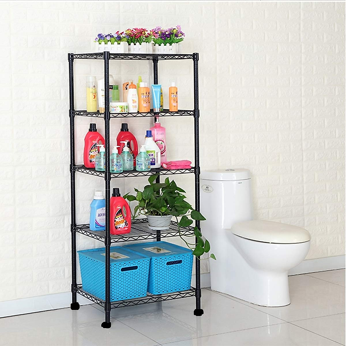 MAXMYE 5-Layer Iron Shelf, Shelving Storage Unit on 1.5'' Wheel Casters, Metal Organizer Wire Rack, Plastic Coated Storage Cabinet (35.43" x 13.78" x 65") for Living Bedroom/Kitchen/Office