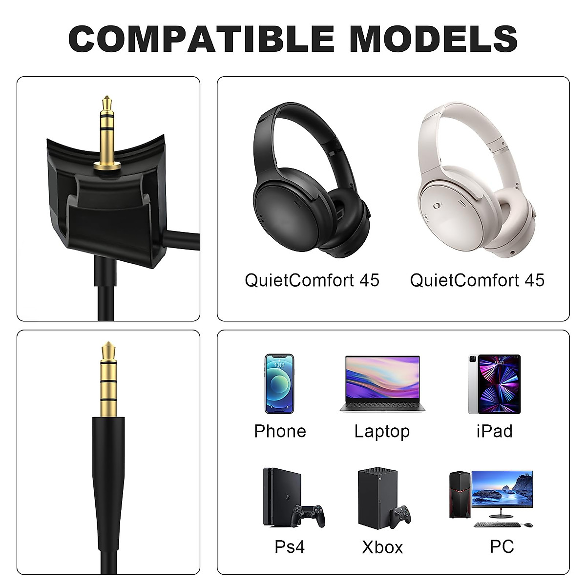 Gneinour QC45 Boom Mic Compatible with Bose QuietComfort 45 Noise Cancelling Headphone, Boom Microphone Cable with Mute Switch for PS4, PS5, PC, Xbox One Controller, 4ft