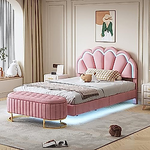 Full Size Velvet Upholstered Bed, Floating Platform Bed Frame with Storage Ottoman, Flowers Shape Headboard and LED Lights, Floating Bed Smart LED Bed for Kids Adults Bedroom Furniture (Pink Ottoman)