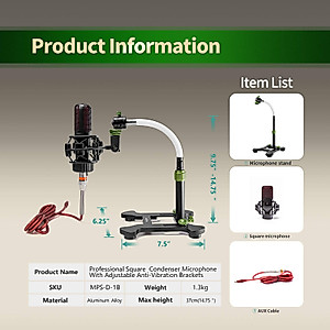 Tbrand LanParte Square Professional Condenser Microphone with Adjustable Anti-Vibration Bracket for Voice Recording Podcasting YouTube Karaoke Gaming Instruments Live Stream