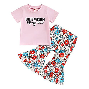 AEEMCEM Toddler Baby Girl Summer Outfits Flower Child T Shirt Tops Floral Flared Pants Clothes Set (Pink&Red Blue Flower, 18-24 Months)