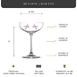 JoyJolt Meadow Butterfly Martini Glasses – 14oz Premium Crystal Martini Glasses Set of 2 – Exquisite Pink Butterfly Printing – Tall Manhattan Glasses for Cocktails, Martini, Drinks – Made in Europe