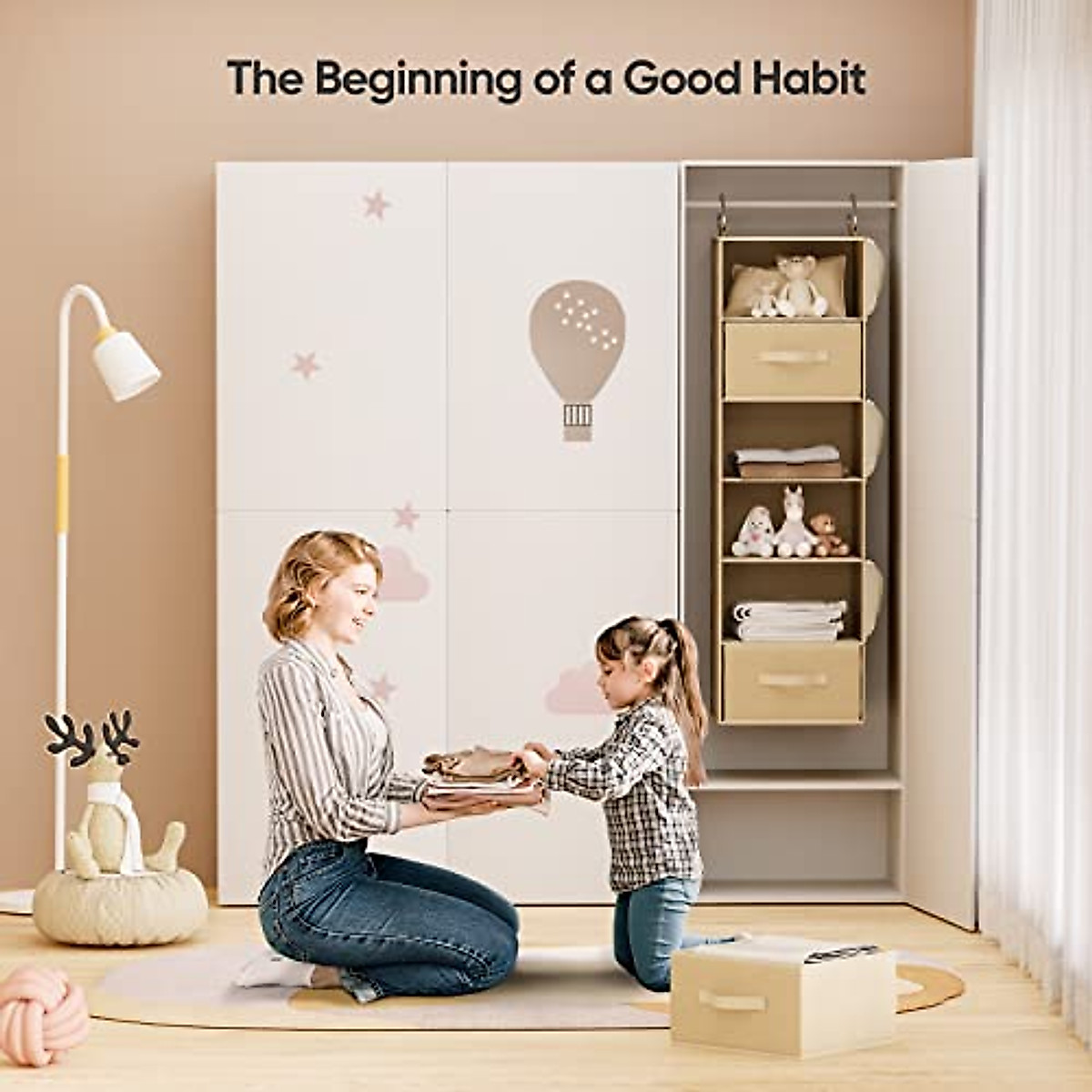 Pipishell Hanging Closet Organizer 6-Shelf, Hanging Shelves for Closet with 3 Removable Drawers & Side Pockets, Hanging Shelf Organizer for Bedroom or Garment Rack, 12'' x 12'' x 43.3'', Beige