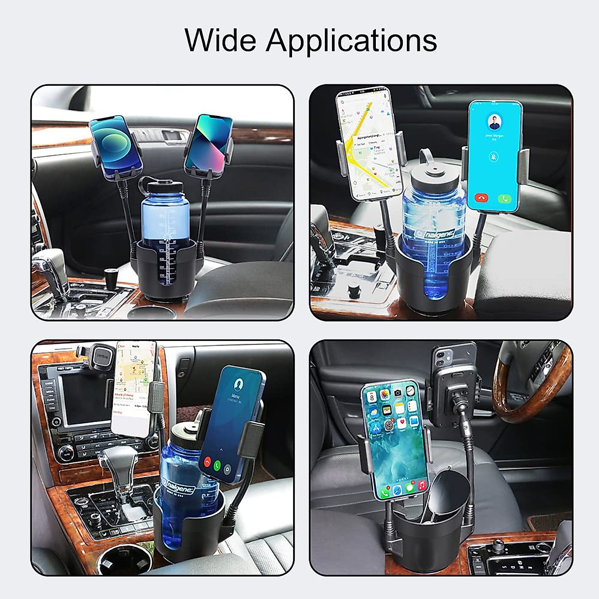 JINKEY Dual Cup Phone Holder for Car, 360°Rotatable Car Phone Mount Adjustable Gooseneck Cell Phone Cup Holder Universal Fits for Most 4"-6.7" i-Phone Cell Phone Automobile Cradles