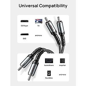 JSAUX RCA Cable（10ft/3M, RCA Audio Cable Shielded Stereo 2RCA to 2RCA Male Y Braided Cord Compatible for Home Theater, HDTV, Amplifiers, Hi-Fi Systems, Car Audio[Grey]