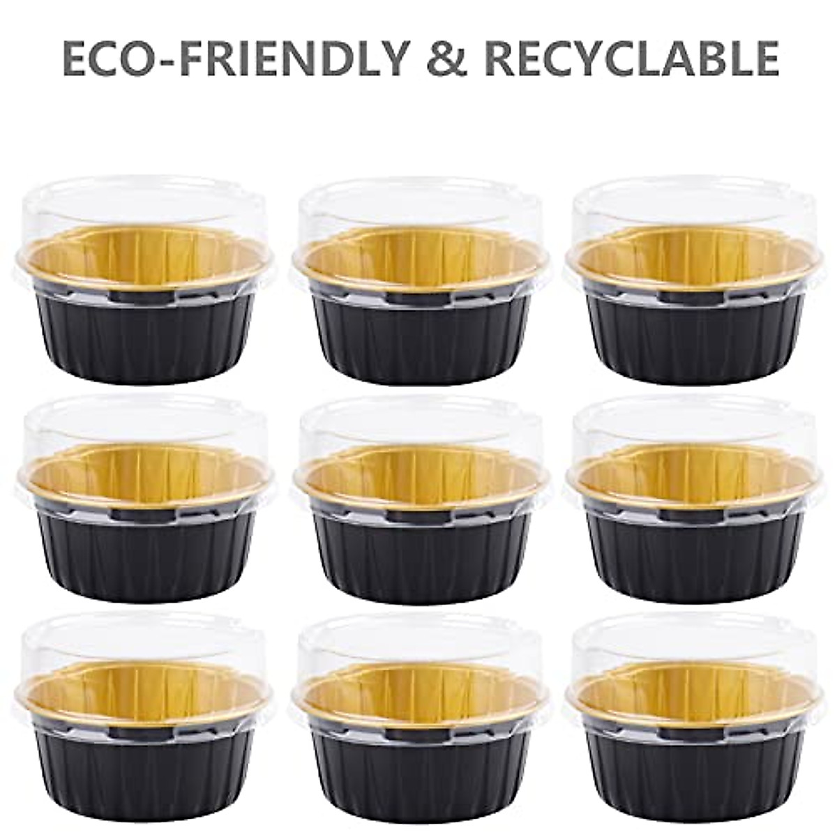 DEAYOU 100 Pieces Aluminum Foil Baking Cups with Lids, 5oz Disposable Ramekins Muffin Cups, 3" Cupcake Foil Liners Tart Pie Tin Pan Holder for Pudding, Souffle, Party, Wedding, Black Gold Color