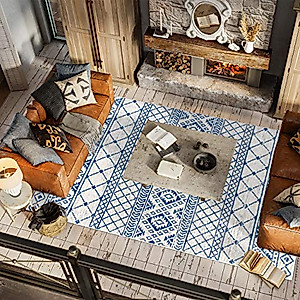 JONATHAN Y MOH103A-5 Moroccan Hype Boho Vintage Tribal Cream/Blue 5 ft. x 8 ft. Area-Rug, Bohemian, Easy-Cleaning, for Bedroom, Kitchen, Living Room, Non Shedding