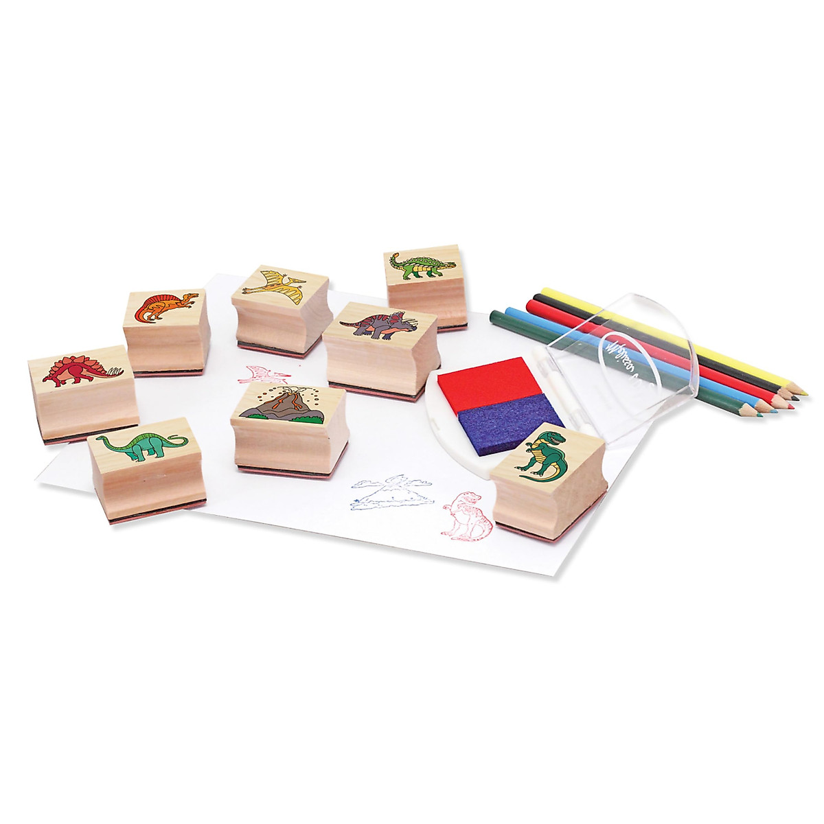 Melissa & Doug Wooden Stamp Set: Dinosaurs - 8 Stamps, 5 Colored Pencils, 2-Color Stamp Pad - FSC Certified