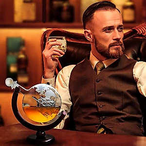 flybold Whiskey Decanter Whiskey Globe Decanter and Glass Set Antique Handblown Ship Decanter Certified Safe Gifts for men Scotch Bourbon Wine Rum Tequila Decanter 28oz 850ml