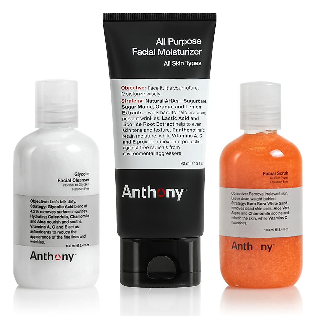 Anthony Face It & Go Kit, Set Includes Glycolic Facial Cleanser 3.4 Fl Oz. All Purpose Facial Moisturizer 3 Fl Oz. Facial Scrub 3.4 Fl Oz.