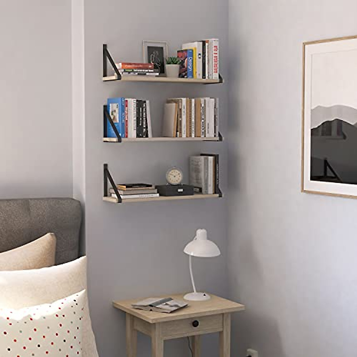 Wallniture Bora Floating Shelves for Wall Storage, 24"x6" Floating Bookshelf Set of 3, Natural Wood Wall Shelves for Living Room, Bedroom, Bathroom, Kitchen