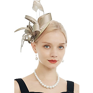 Fascinator Hats For Women Feather Cocktail Party Hats Bridal Kentucky Derby Headband (Light Khaki)