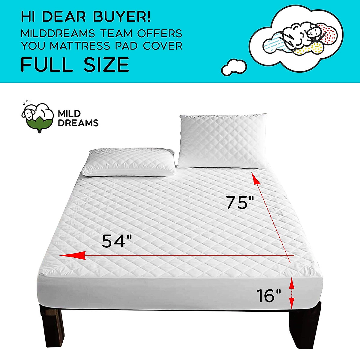 Full Mattress Pad Cotton Cover Size 54x75 inches Stretches to 16 Deep - Fitted Quilted Sheet for Full Bed , Cotton Cover