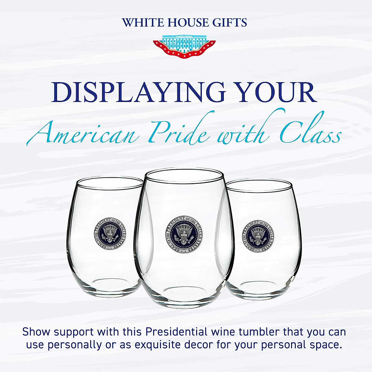 White House Gifts: Presidential Seal Glass Pewter Wine Tumbler (15 oz) Stemless Wine Glass with Fine Pewter Casting on Presidential Symbol - Perfect Souvenir or Home Bar Collectible - Made in the USA_AB