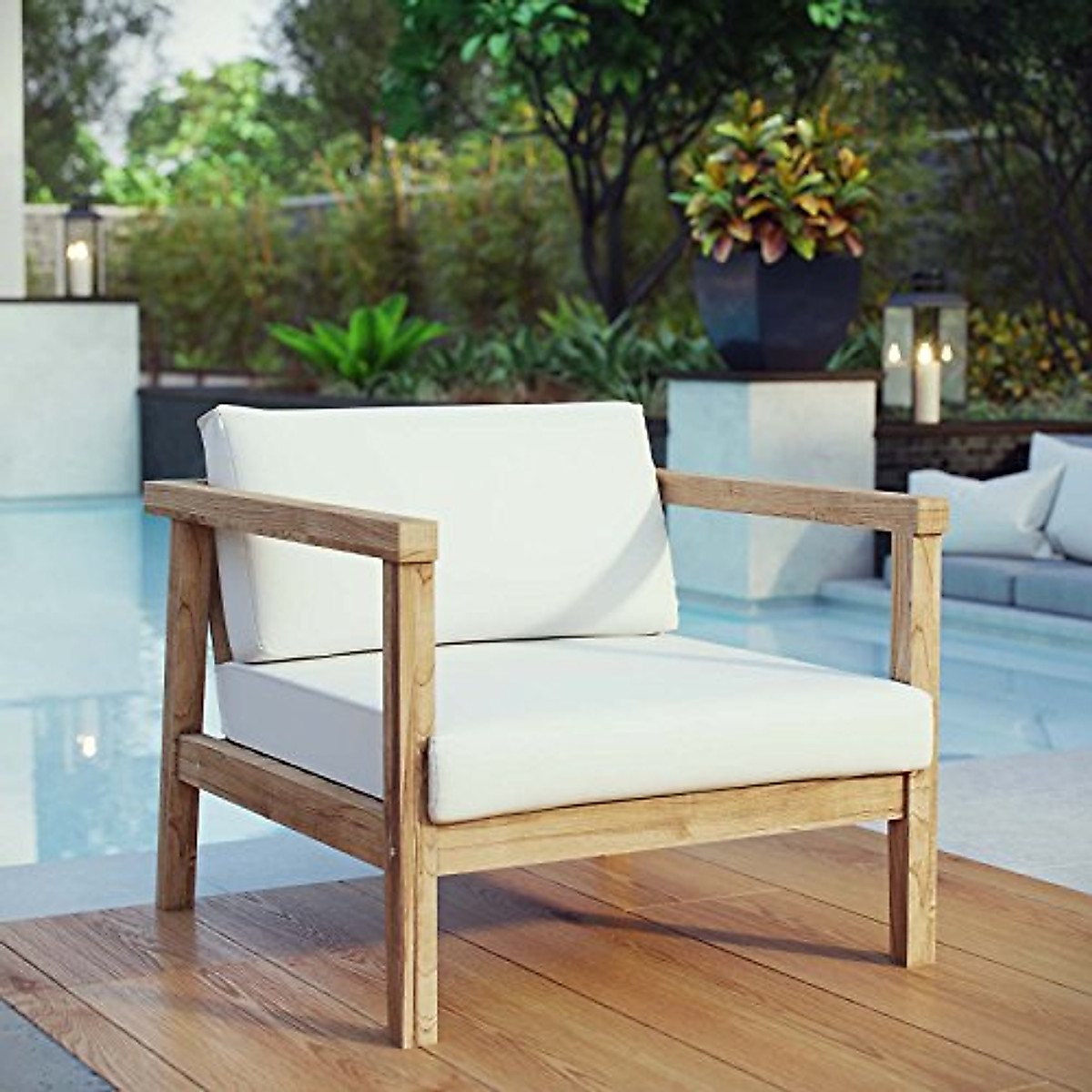 Modway Bayport Teak Wood Outdoor Patio Armchair in Natural White