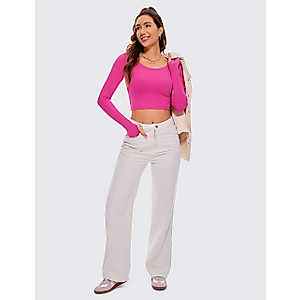 CRZ YOGA Butterluxe Long Sleeve Crop Tops for Women Slim Fit Workout Shirts Cropped Athletic Gym Top Hibiscus Purple Large